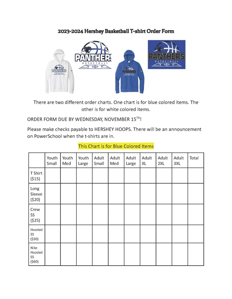Basketball T-shirt Order form | Hershey Public Schools